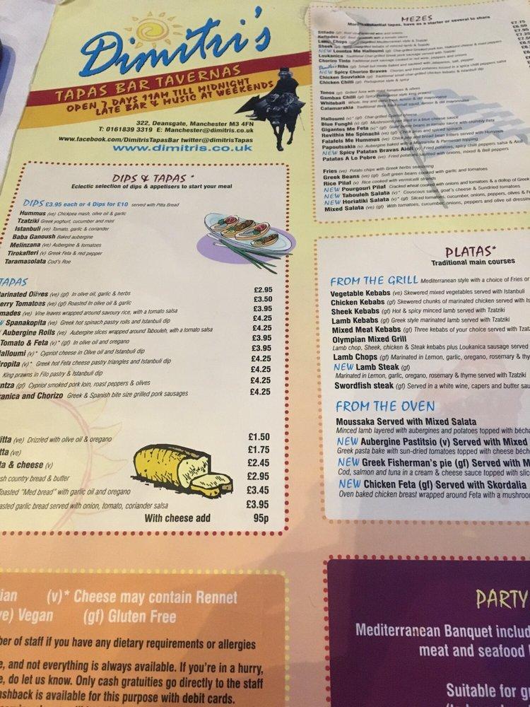 Menu at Dimitri's - Tapas Meze Bar & Restaurant, Manchester, 1-3 ...