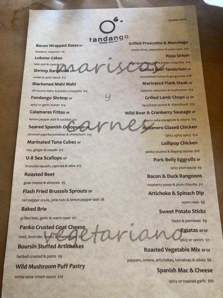 Menu at Fandango Tapas Bistro restaurant, Kalamazoo