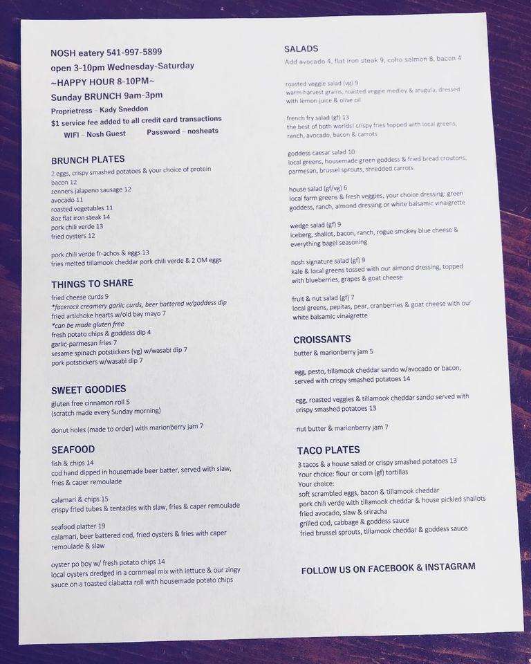Menu at Nosh Eatery restaurant, Florence