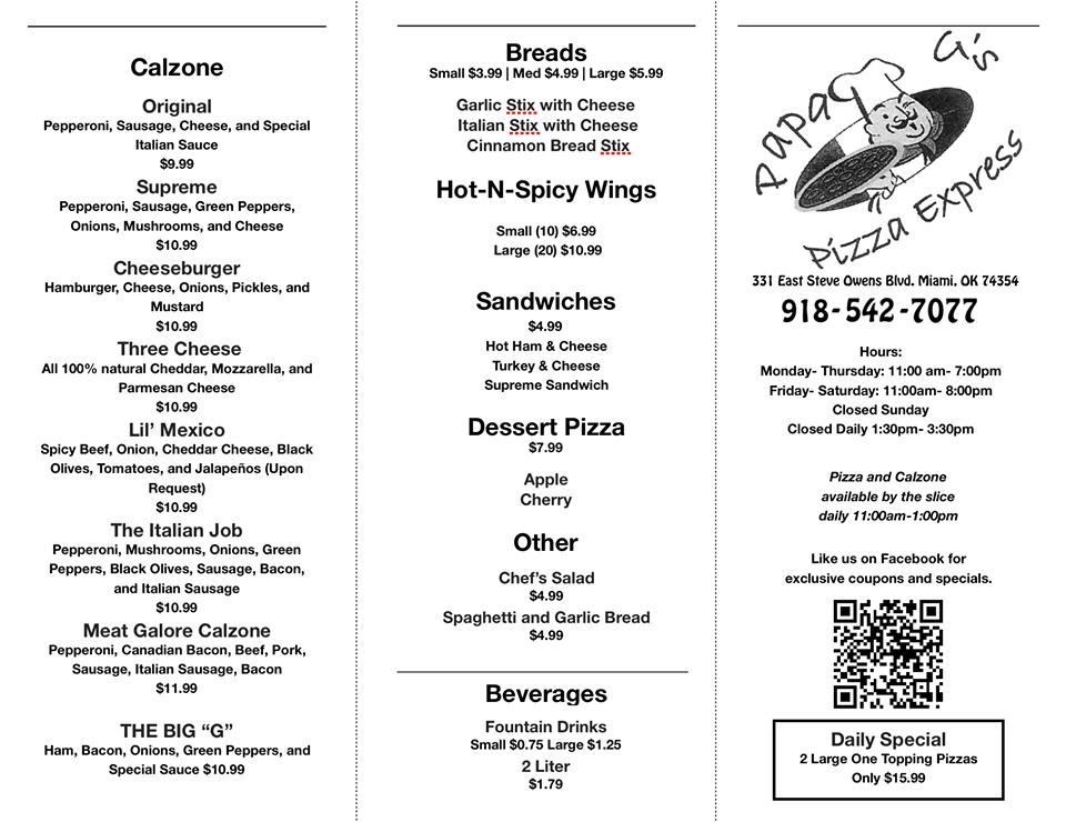 Menu at Papa G's Pizza Express pizzeria, Miami