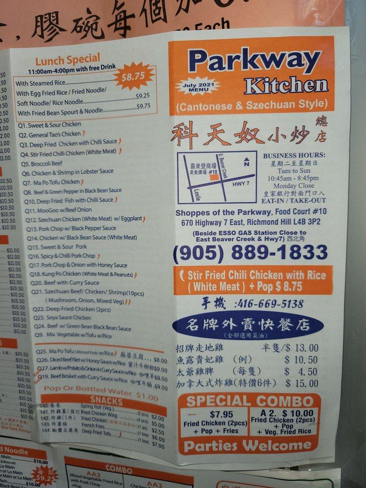 Menu at Parkway kitchen restaurant, Richmond Hill, 670 7