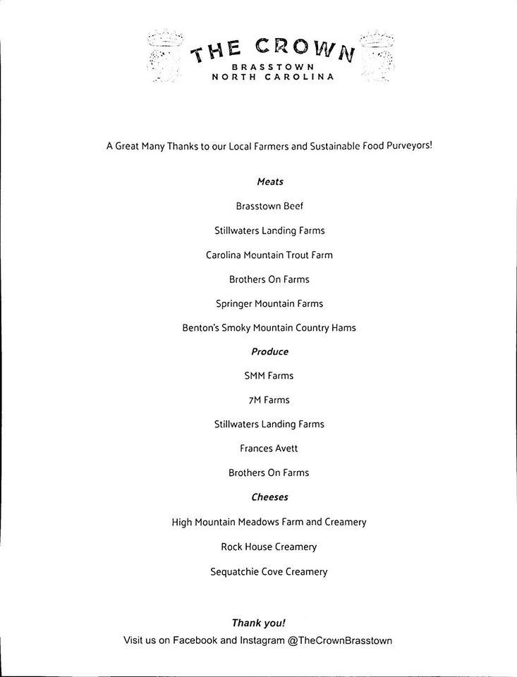 Menu at The Crown Restaurant, Brasstown