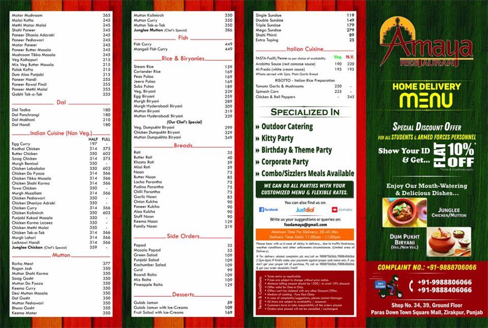 Menu at Amaya Restaurant, Zirakpur