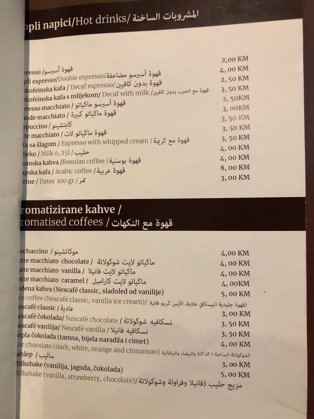Menu at Café Orient cafe, Ilidža