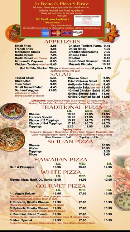 Menu at Franco's Pizza & Pasta steakhouse, Dover