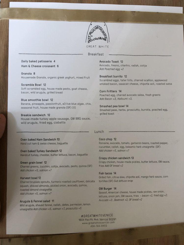 Menu at Great White cafe, Culver City, Pacific Ave
