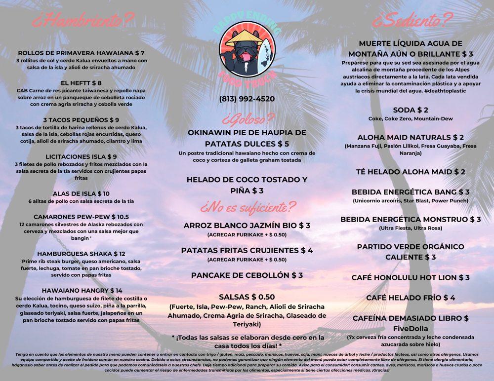 Menu at Happy Ending Food Truck, Plant City