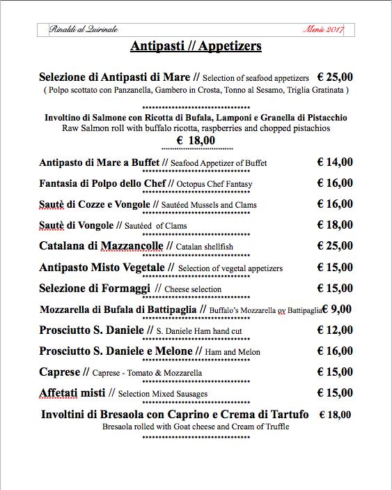 Menu da Il Ristorante Rinaldi Al Quirinale, Roma