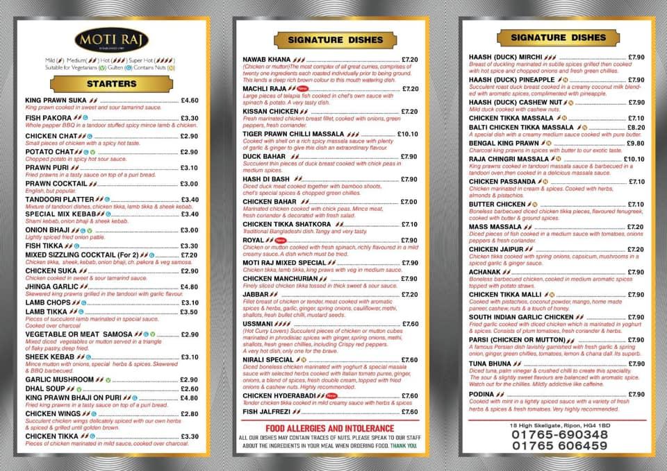 Menu at Moti Raj restaurant, Ripon