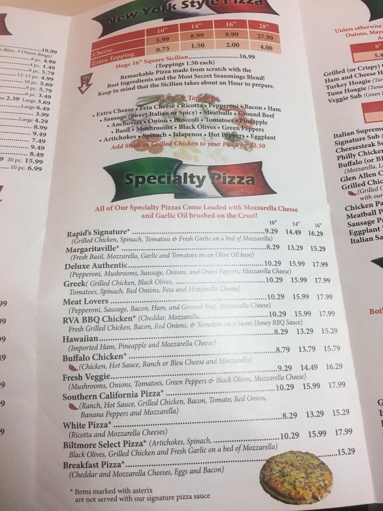 Menu at Rapid Pizza pizzeria, Glen Allen