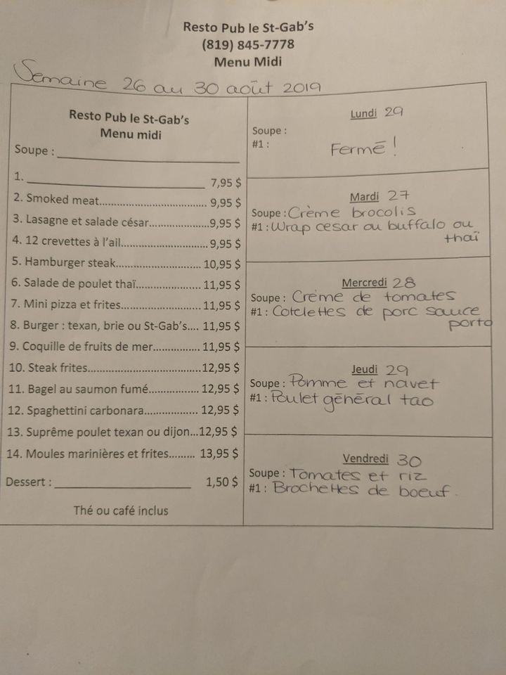 Menu au Resto-Pub St-Gab's, Windsor