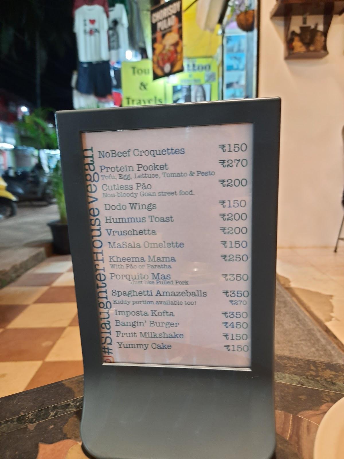 Menu at SLAUGHTERHOUSE VEGAN, Calangute