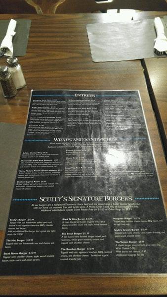 Menu at Scully's Tavern &Grill restaurant, USA