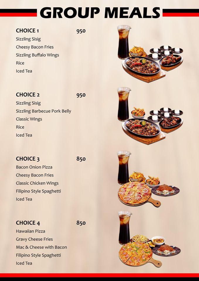 Menu at Sizzling Joe's restaurant, Bauan