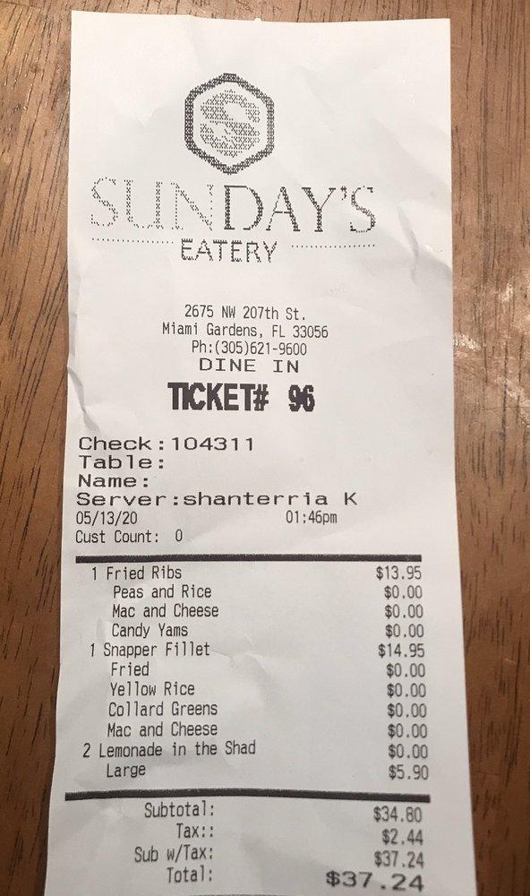 Menu at Sunday's Eatery restaurant, Miami Gardens, NW 207th St