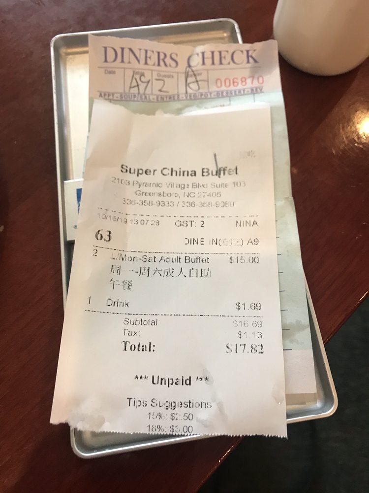 Menu at Super China Buffet restaurant, Greensboro
