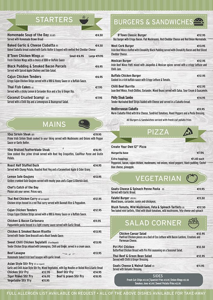 Menu at The Bishopstown Bar & Restaurant, Cork, Bishopstown Rd
