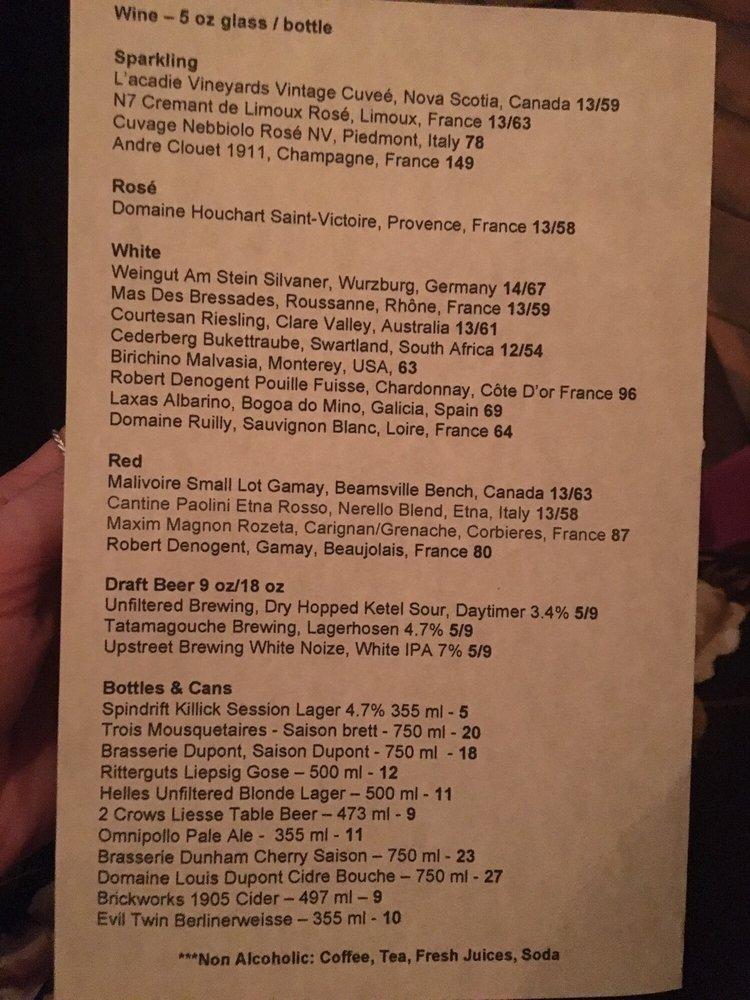 Menu at Bar Kismet, Halifax