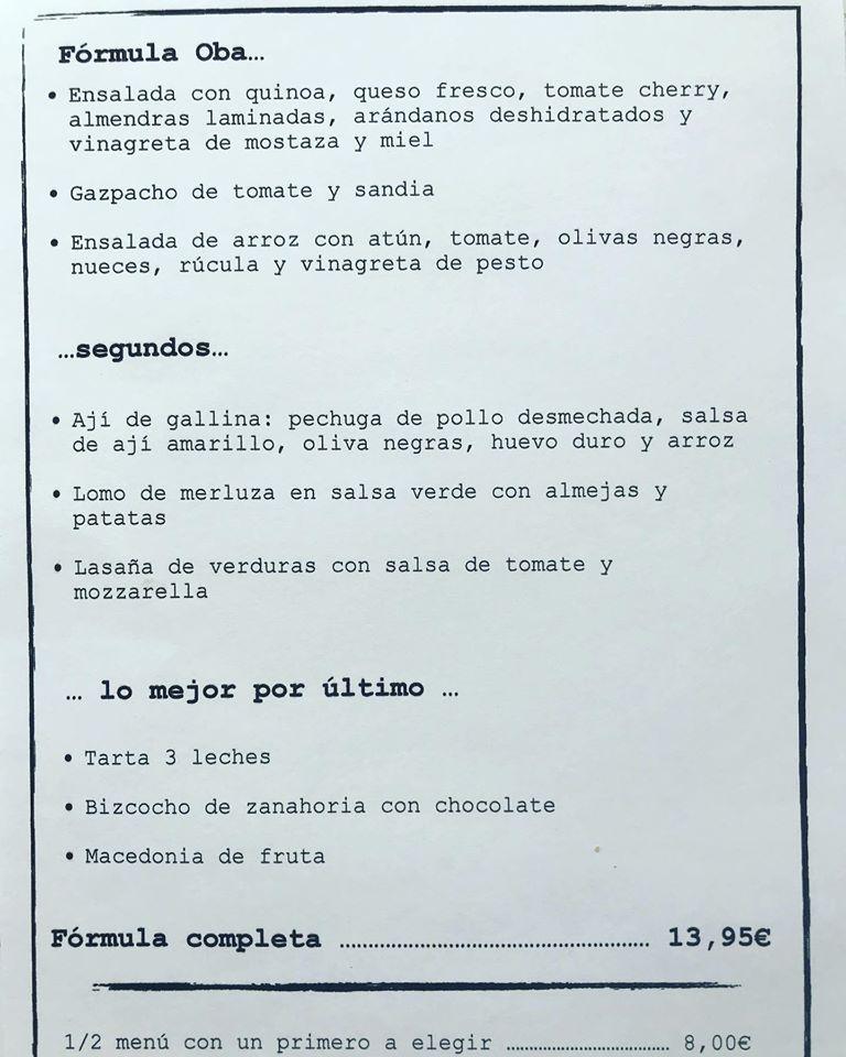 Menu at Cafe' Restaurante Oba, Barcelona