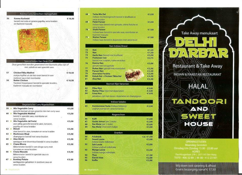 Menu at Delhi Darbar, The Hague
