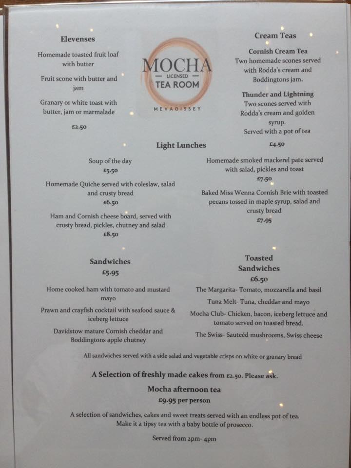 Menu at Mocha Tea Room cafe, Mevagissey