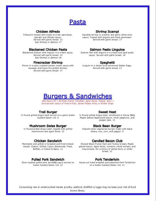 Menu at Orleans Trail Resort & Restaurant, Stockton
