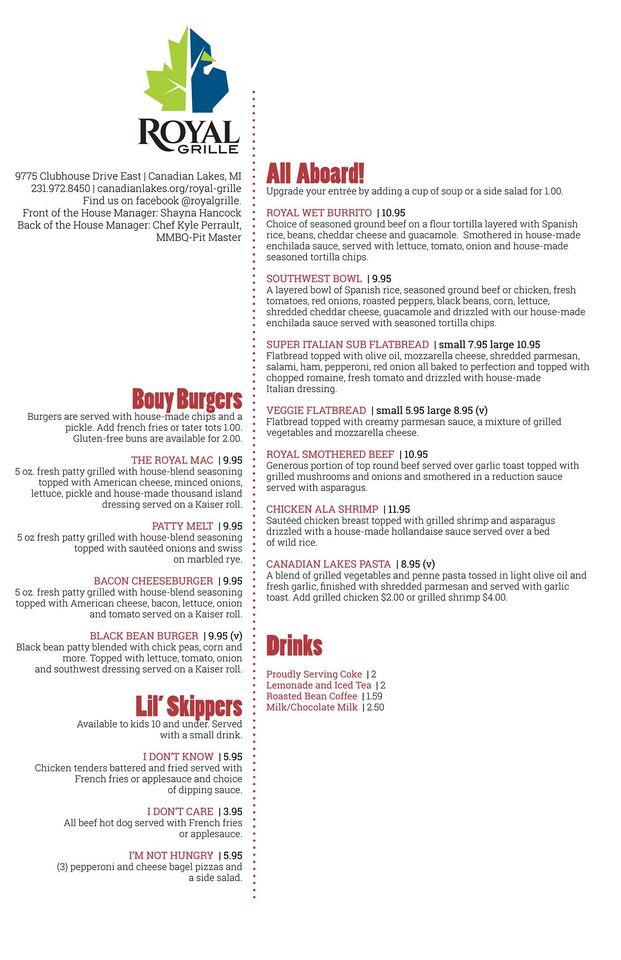 Menu at Royal Grille restaurant, Canadian Lakes