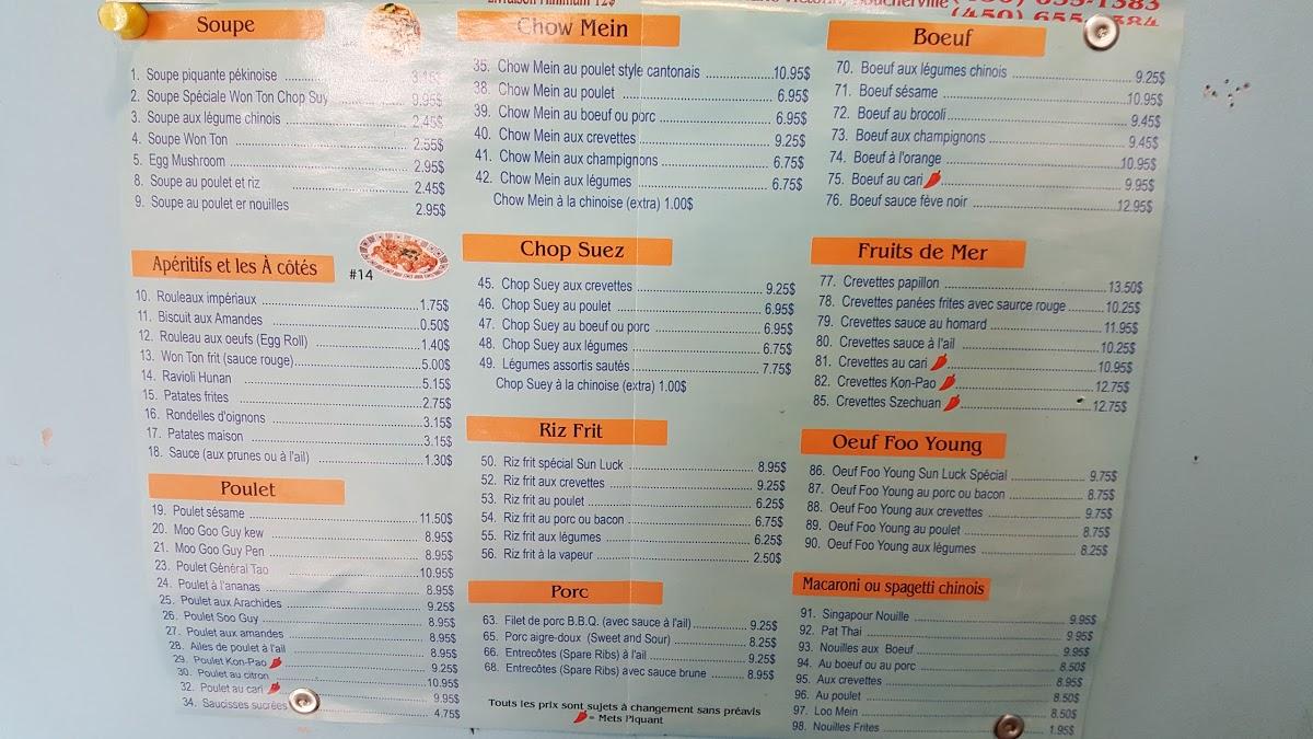 Menu au Sun Luck Chinese Food restaurant, Boucherville