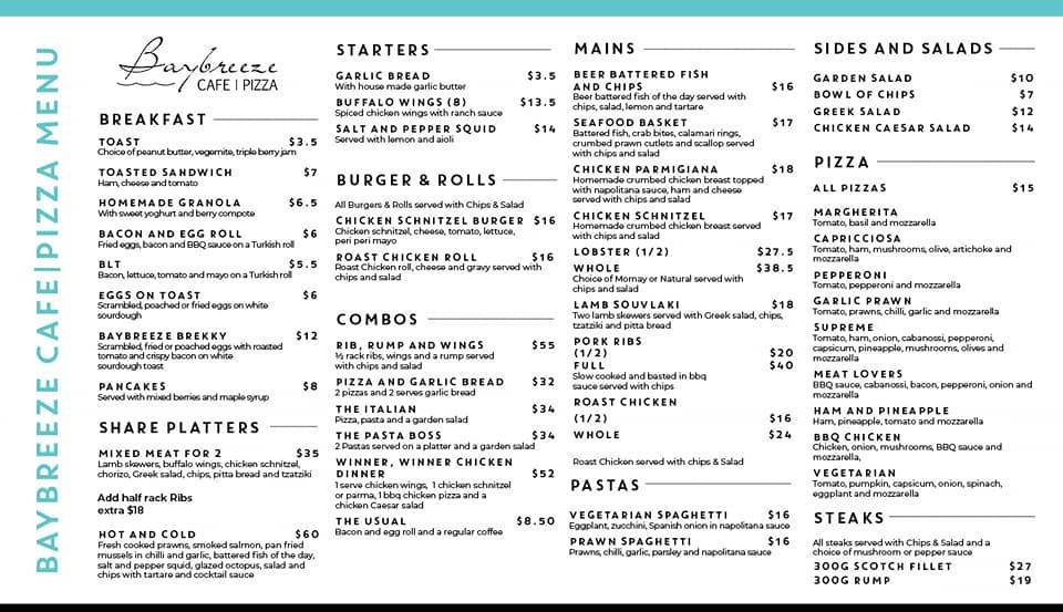 Menu at Baybreeze Cafe, Sans Souci