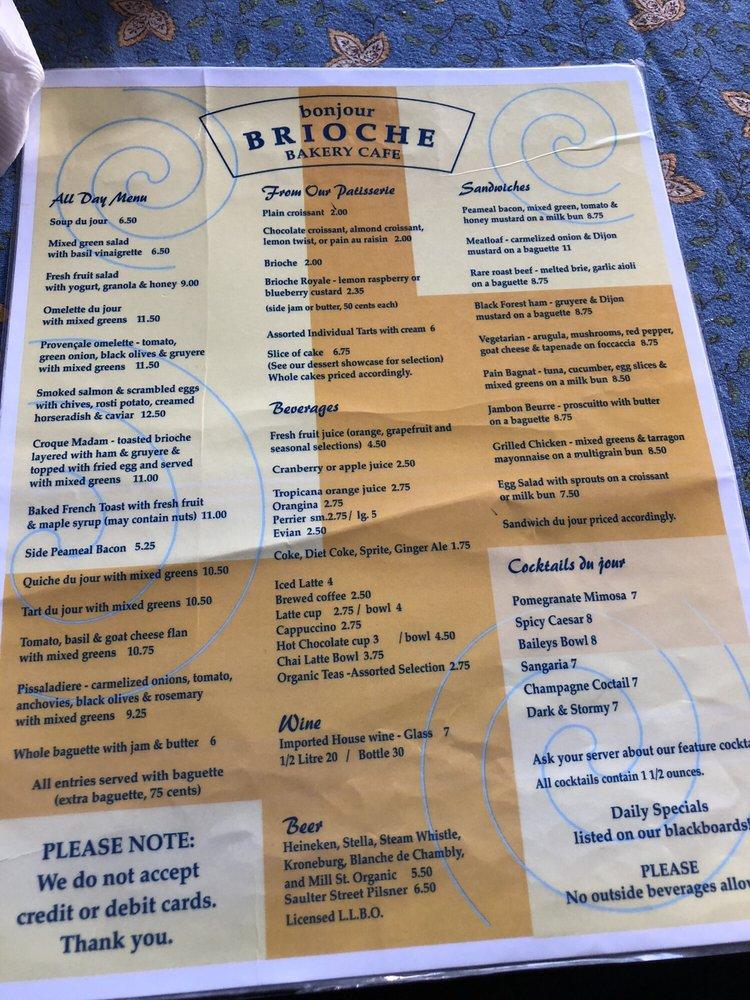 Menu at Bonjour Brioche cafe, Toronto