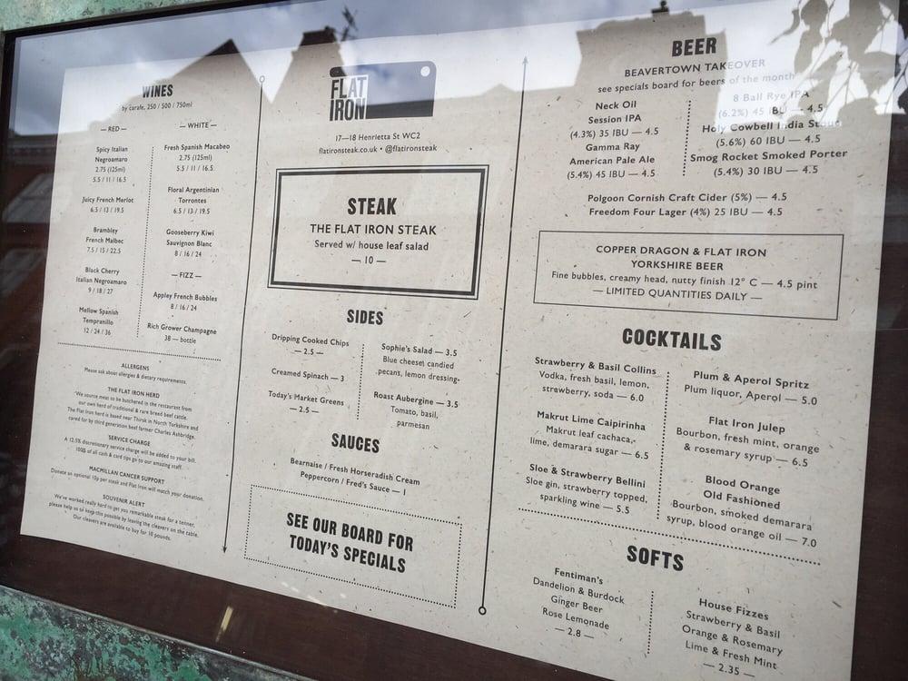 Menu at Flat Iron Covent Garden steakhouse, London, 17-18 Henrietta St