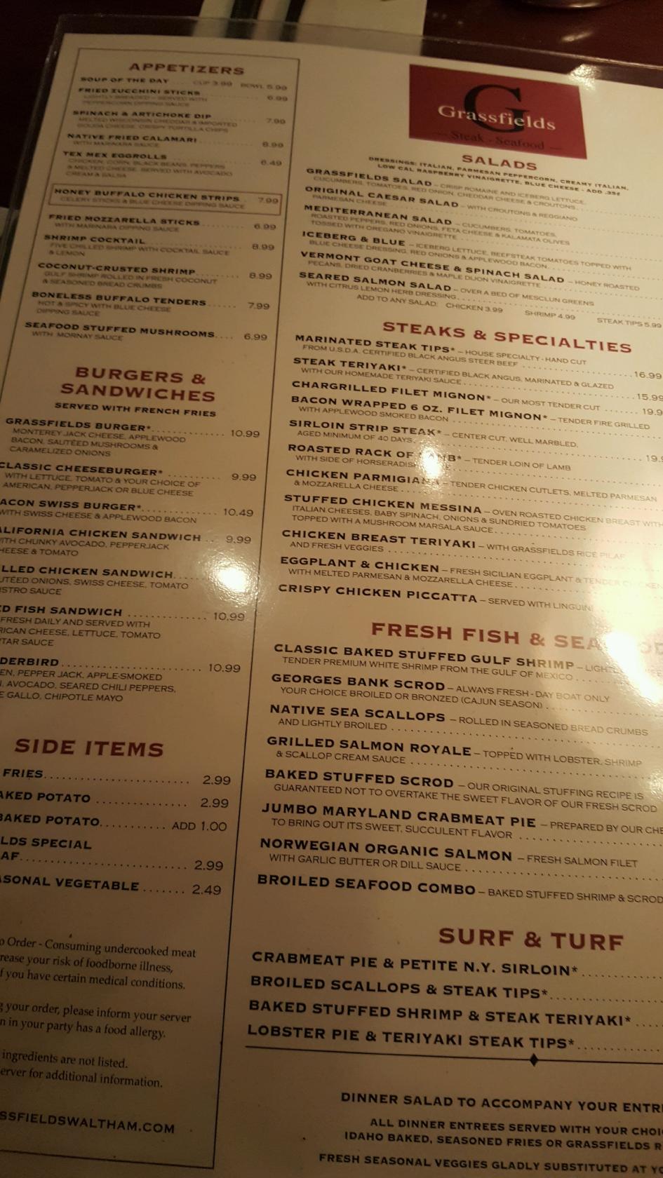 Menu at Grassfields steakhouse, Waltham