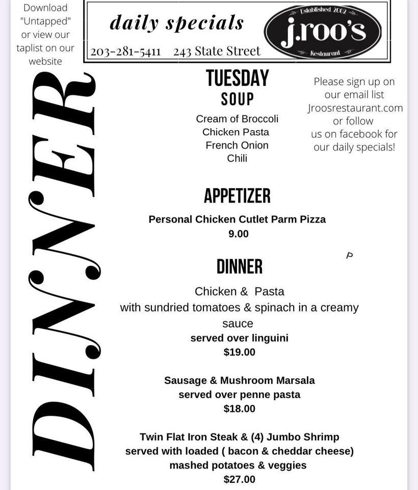 Menu at J Roo's Restaurant, North Haven
