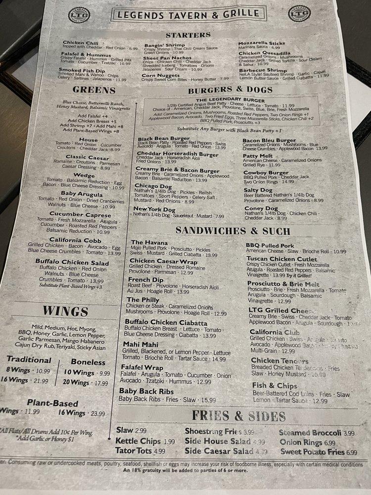 Menu at Legends Tavern & Grille - Plantation pub & bar, Plantation