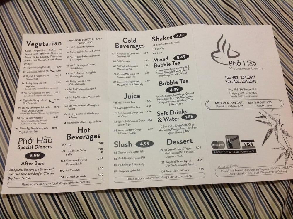 Menu at Pho Hao Restaurant, Calgary, 495 36 St NE