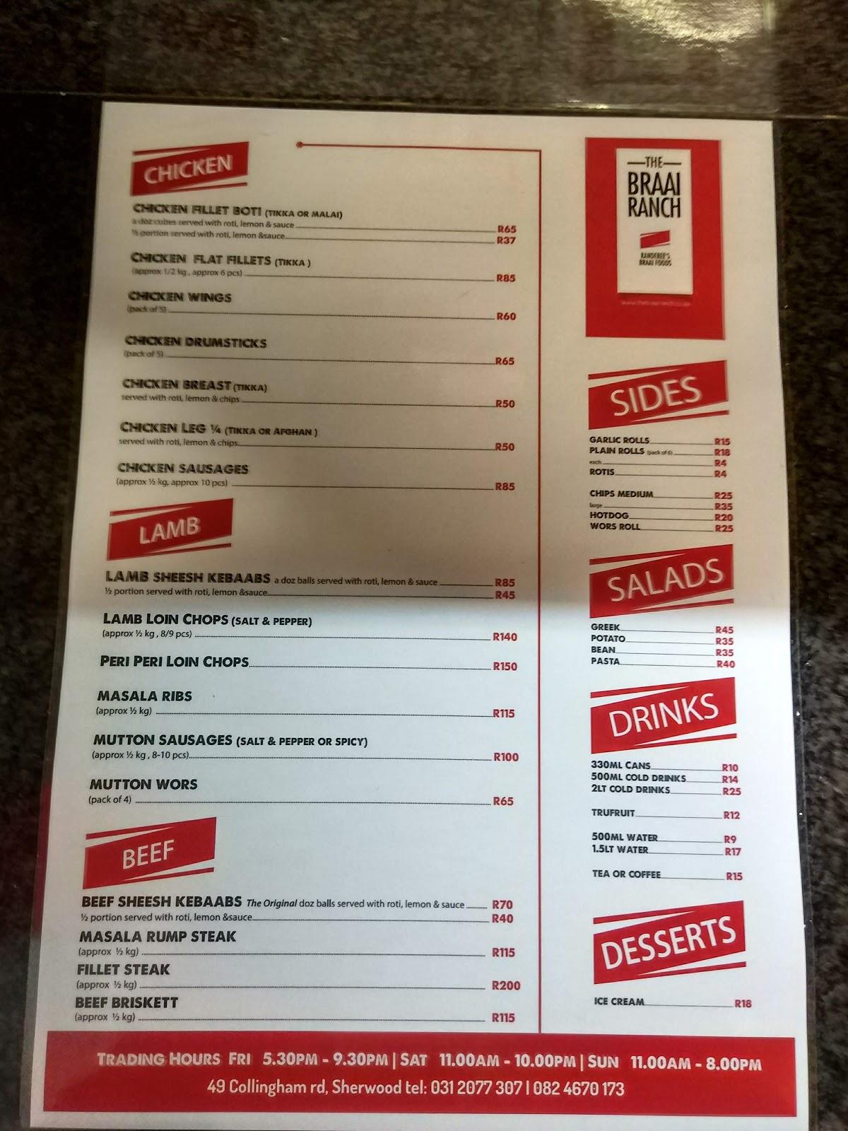 Menu at Randerees Braai Foods restaurant, Durban