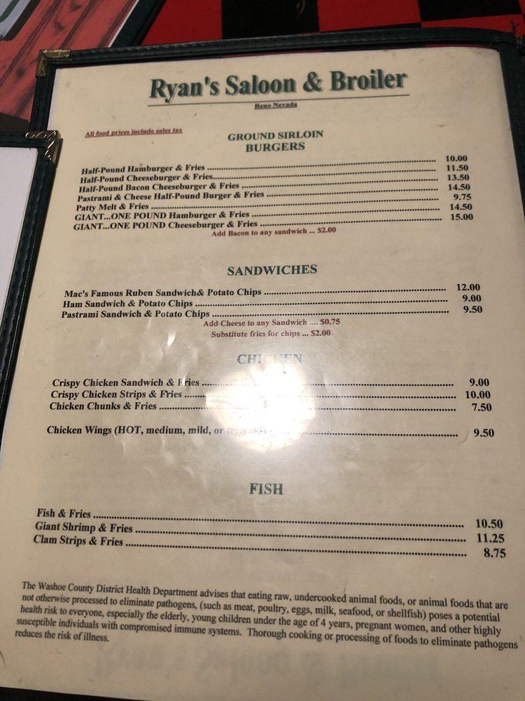 Menu at Ryan's Saloon & Broiler pub & bar, Reno