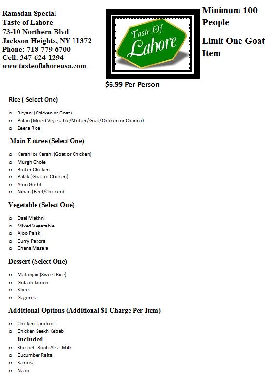 Menu at Taste of Lahore restaurant, New York City, 73-10 Northern Blvd
