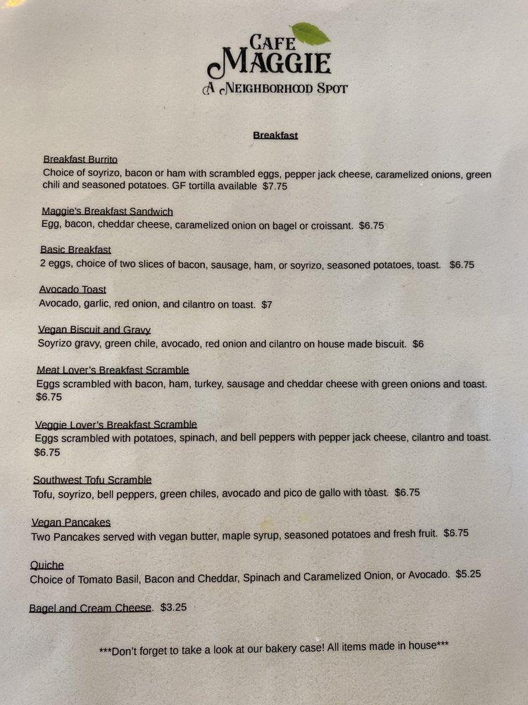 Menu at Cafe Maggie, Tucson