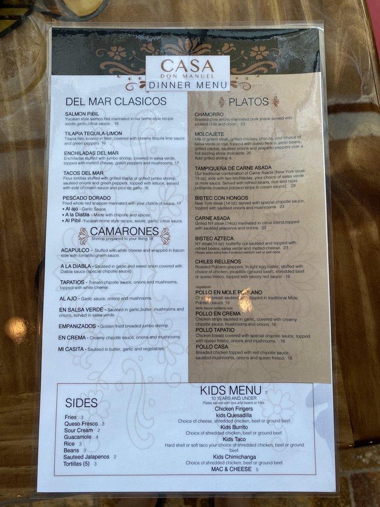 Menu at Casa Don Manuel restaurant, Wayne