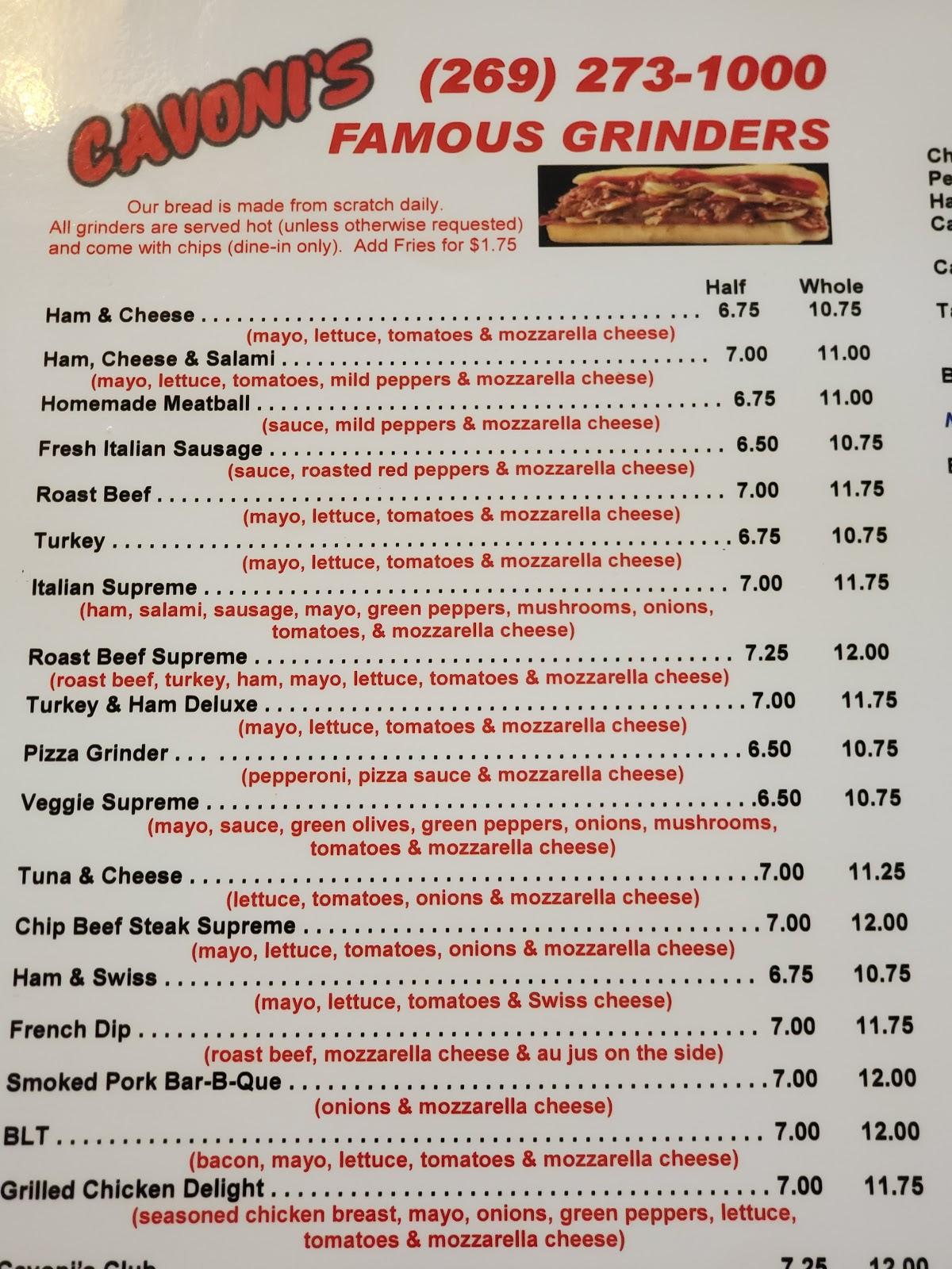 Menu at Cavoni's Pizza pizzeria, Three Rivers
