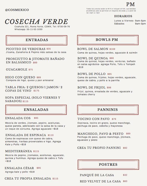 Carta del restaurante Cos Mexico - Cosecha Verde, Ciudad López Mateos