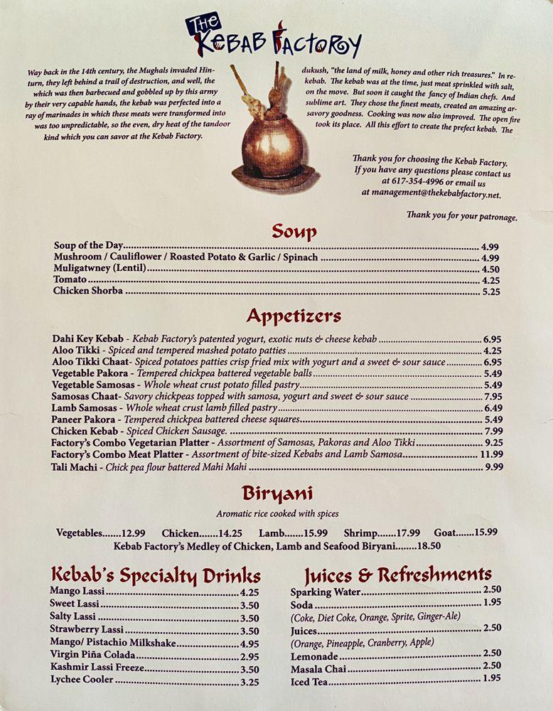 Menu at Kebab Factory restaurant, Somerville