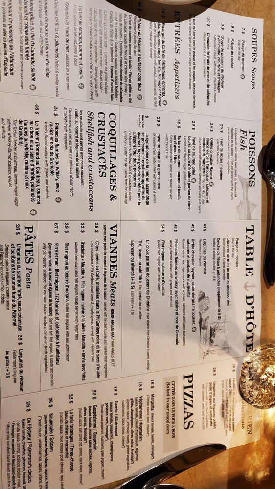 Menu at La Maison du Pêcheur restaurant, Percé