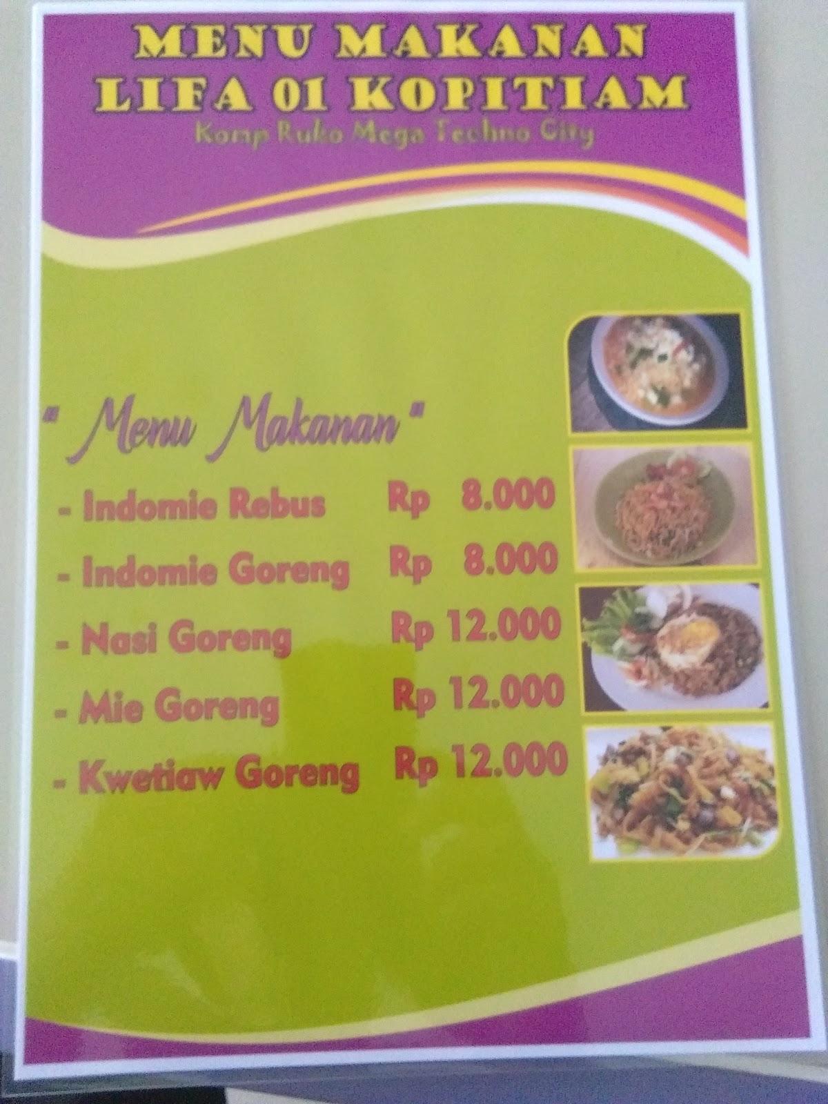 Menu at Lifa 01 Kopitiam restaurant, Batam