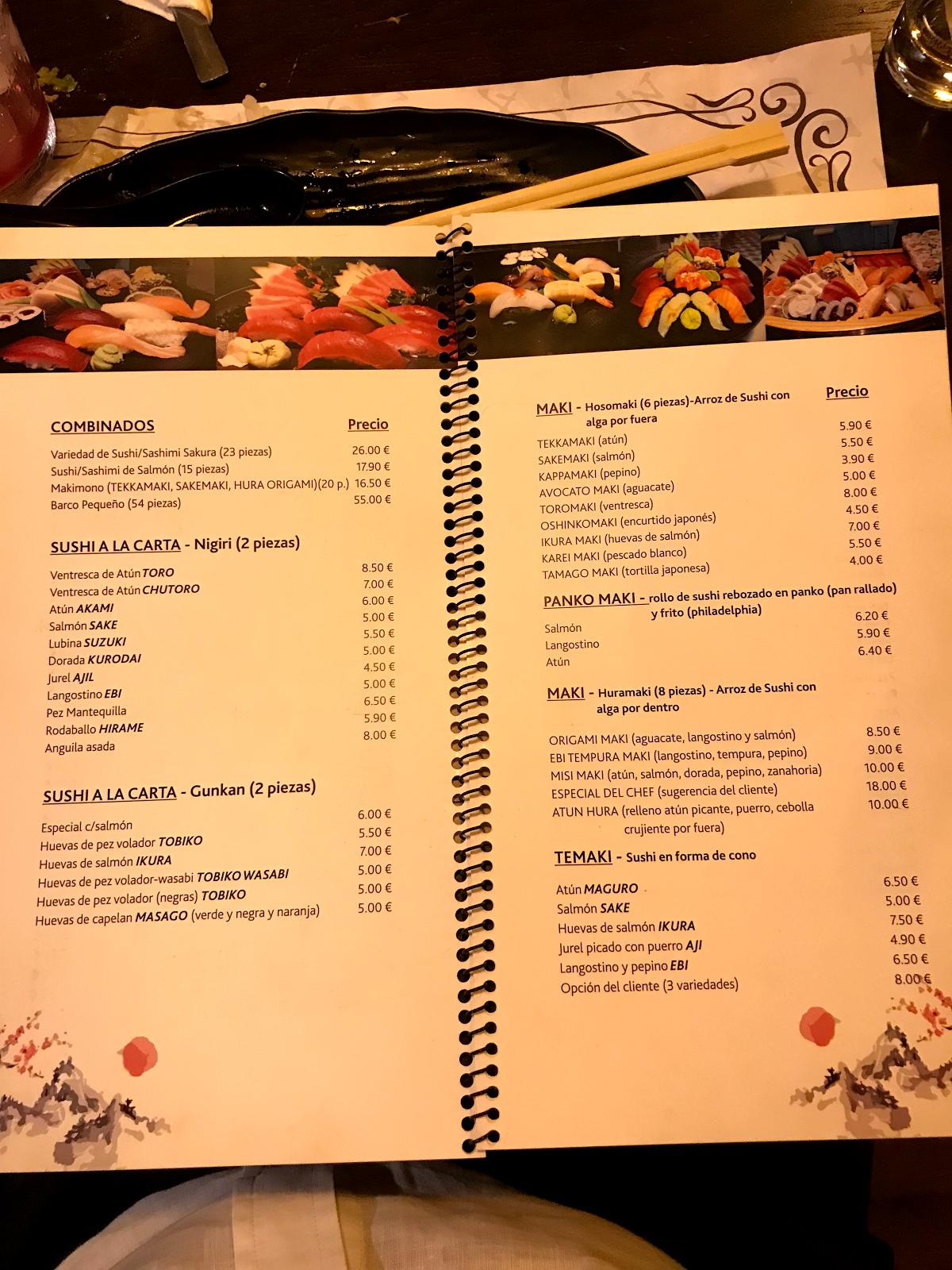 Carta de Origami Restaurante Sushi Bar, Sevilla