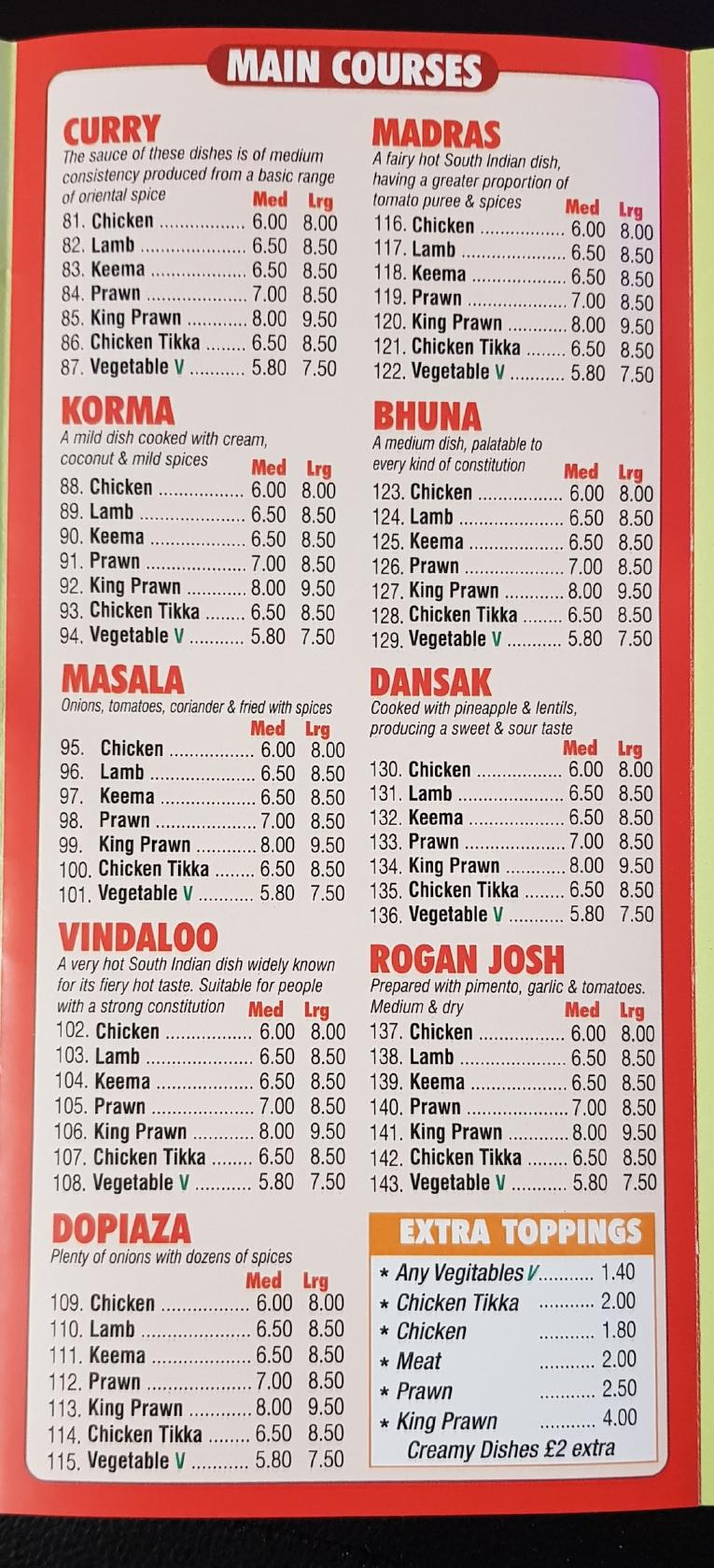 Menu at Royal restaurant, Huddersfield
