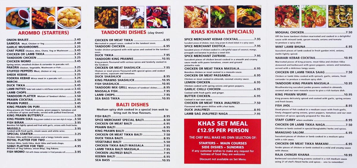 Menu at Spice village restaurant, Knaresborough