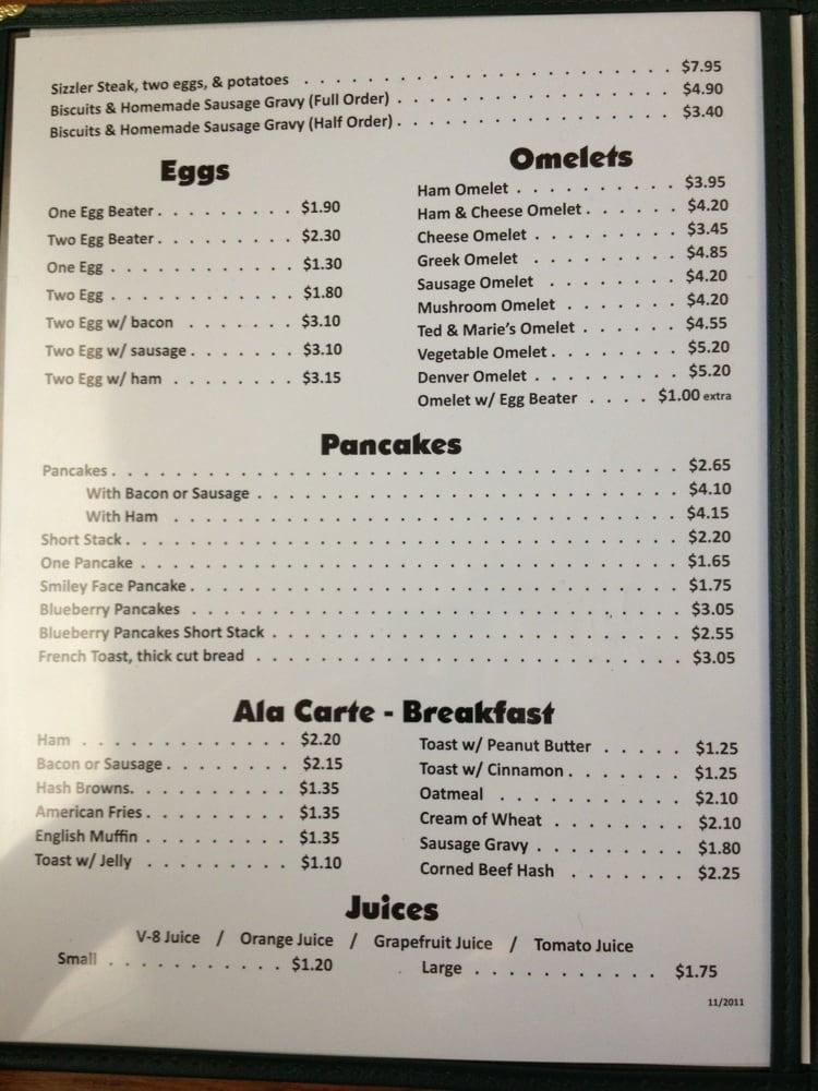 Menu at Ted & Marie's Colonial Inn restaurant, Oshtemo