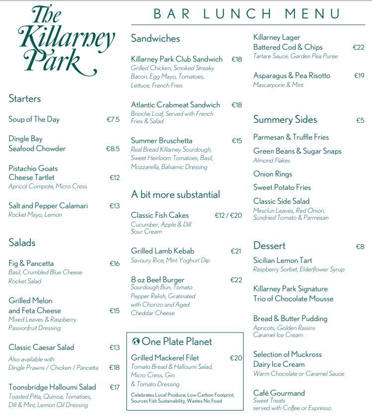 Menu at The Garden Bar, Killarney, Town Centre